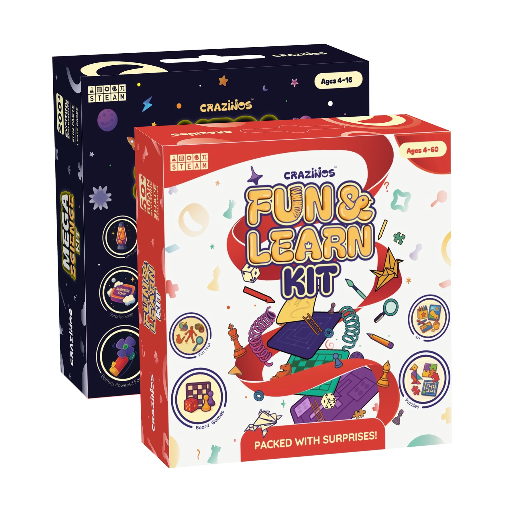 2 Kits | Fun & Learn Kit + Mega Science Kit Combo | For 8-10 Learners| – Crazinos